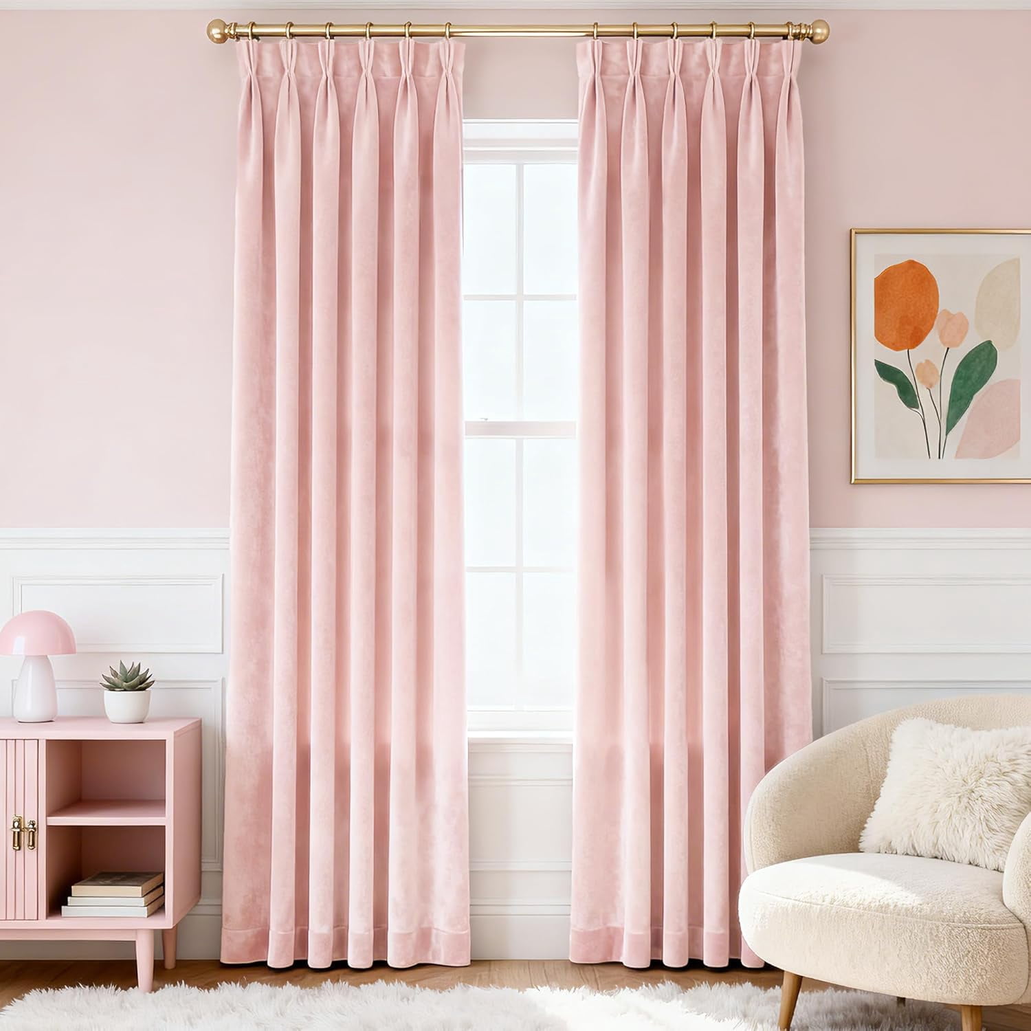 Pink Triple Pinch Pleat Velvet Curtains 2 Panel Set 40x102 Inches ...