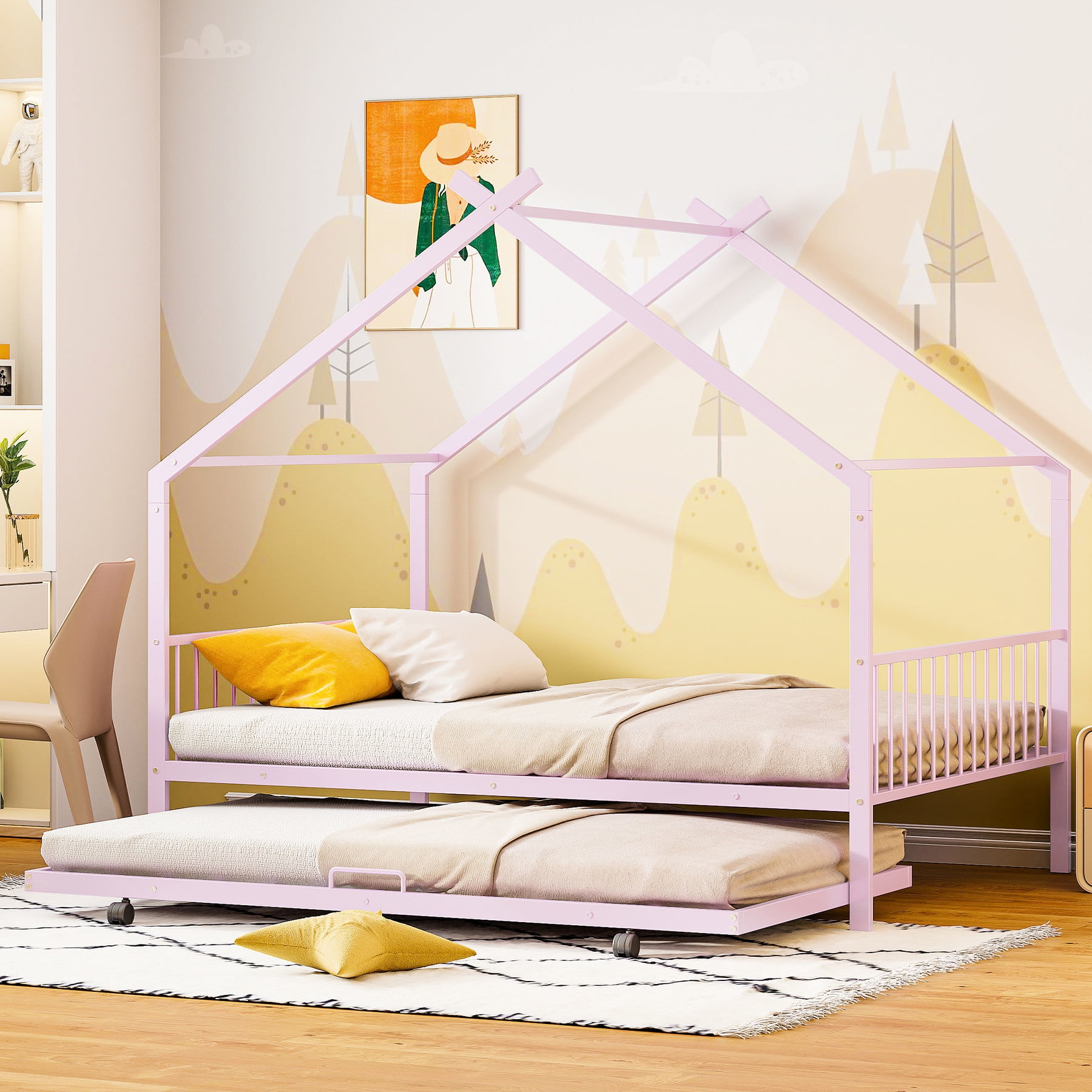 Pink Trundle House Bed With Twin Size Metal Frame - Creates A Warm ...