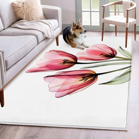 Pink Tulip Area Rug 3x5 FT, Non Slip Entryway Bedside Carpet, Modern ...