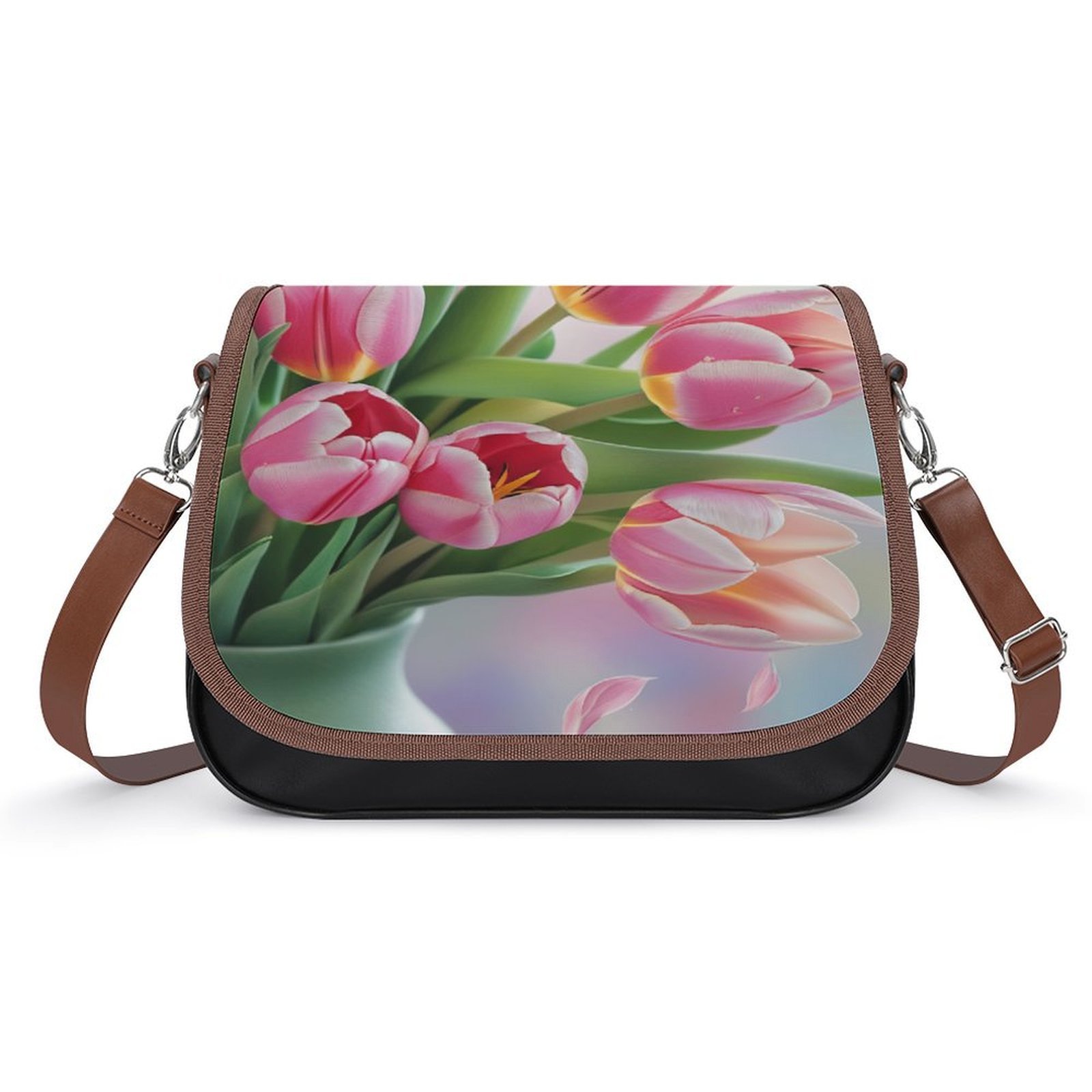 Pink Tulip Bouquet Art Print Vintage Crossbody Bag For Women Medium ...