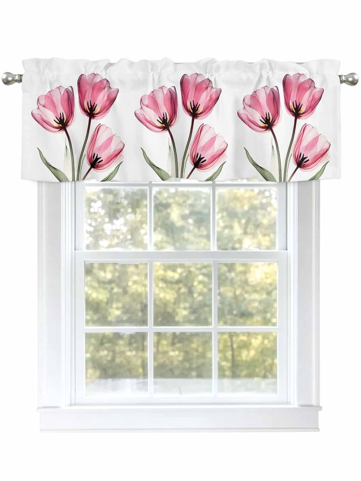 Pink Tulip Floral Curtain Valances for Windows, White Background Window ...