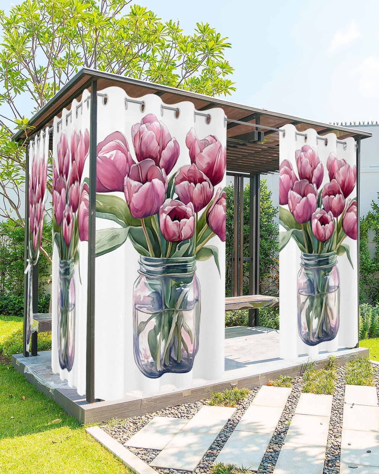 Pink Tulip Floral Outdoor Curtains for Patio, Spring Retro Flowerpot ...