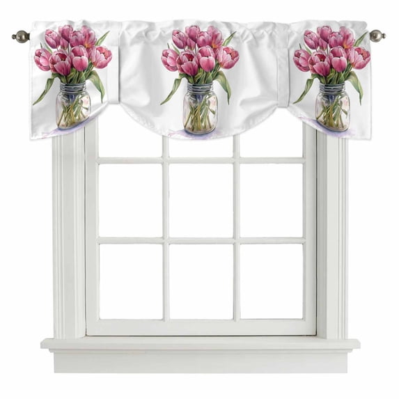 Pink Tulip Floral Tie Up Valance for Windows, Spring Retro Flowerpot ...