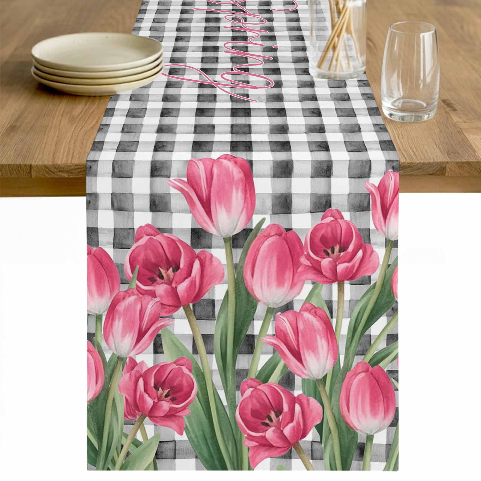 Pink Tulip Flowers Table Runner - 72 Inch Long Black Buffalo Plaid ...