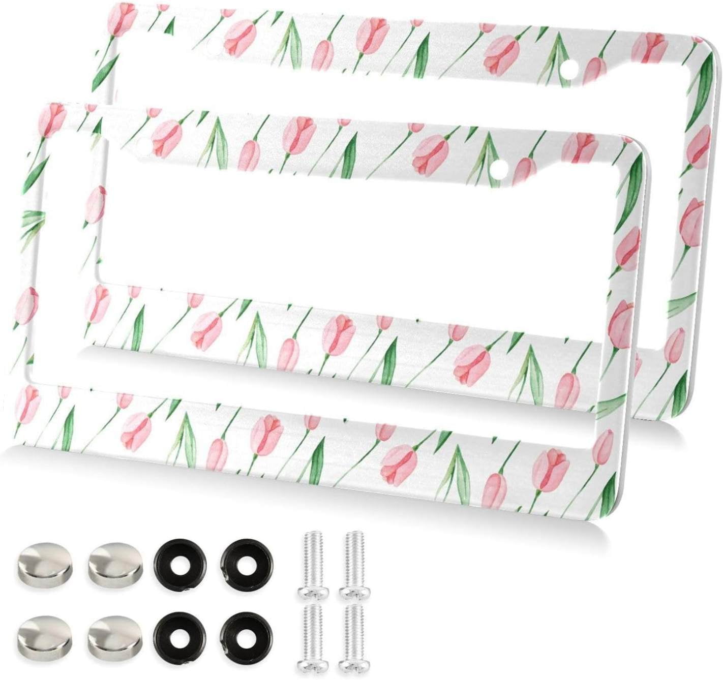 Pink Tulips License Plate Frame, Decorative Aluminum Car Tag Frames, 2 ...