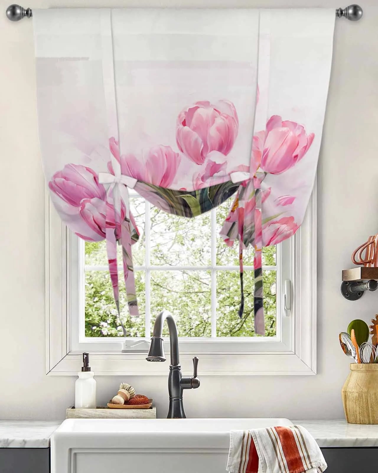 Pink Tulips Oil Painting Abstract Curtains for Living Room Bedroom Modern Tie Up Window Curtain ...