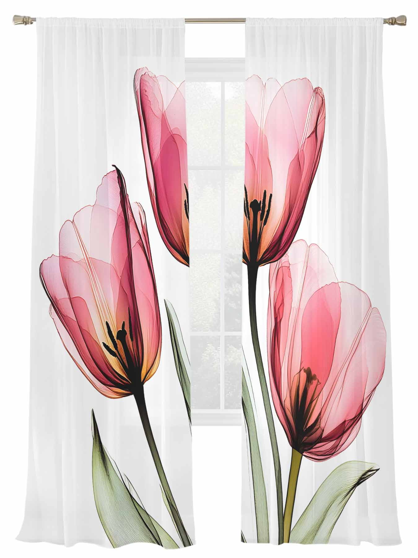 Pink Tulips Sheer Curtains 2 Panels Set Watercolor Flower Sheer Window ...