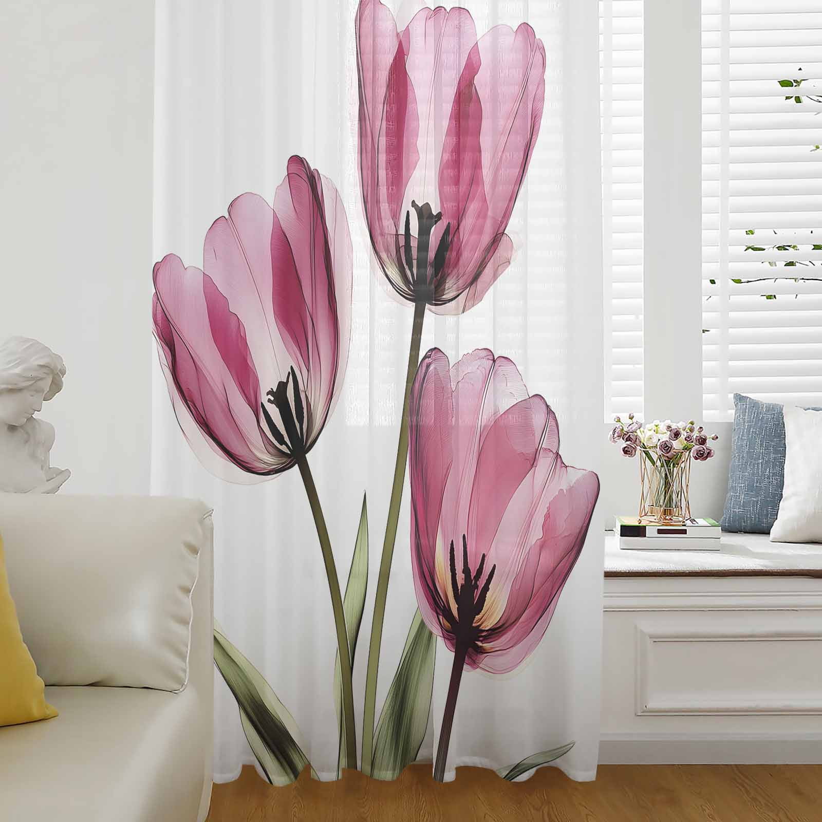 Pink Tulips Window Curtain 108 Inches Long,Country Retro Aesthetic ...