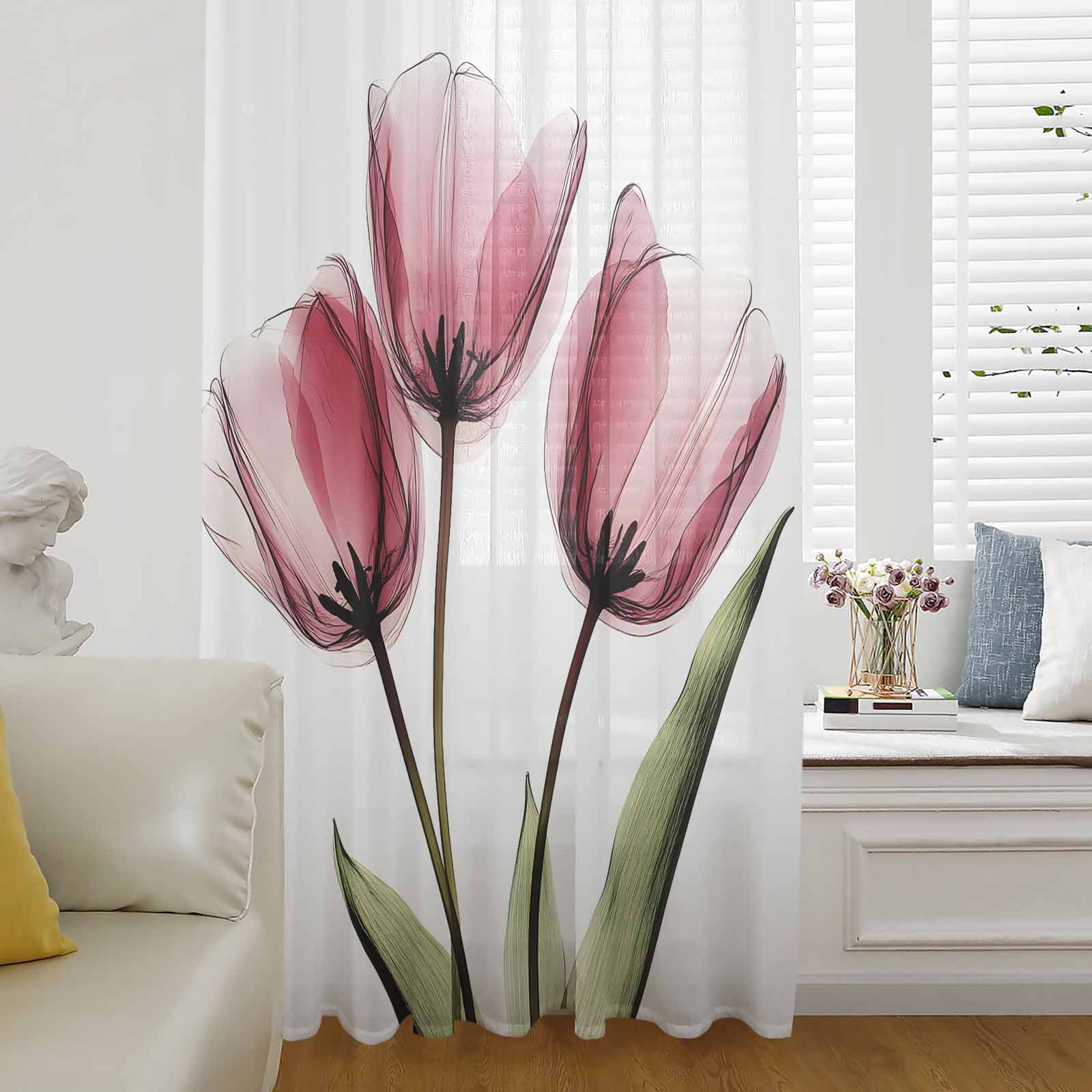 Pink Tulips Window Curtain 96 Inches Long,Green Leaf Country Flower ...