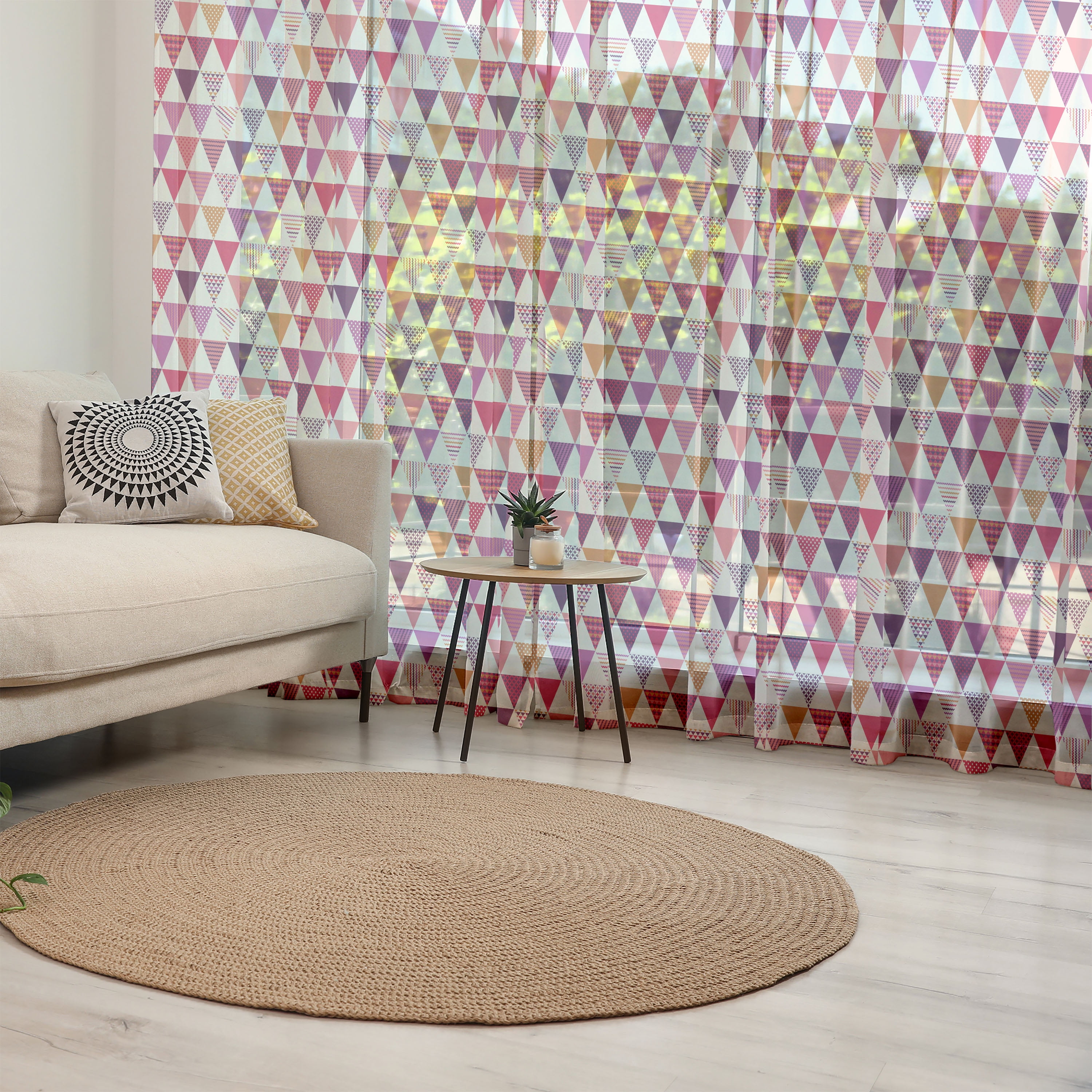 Pink Tulle Curtains with Rod Pocket, Geometric Triangle Patterns with ...