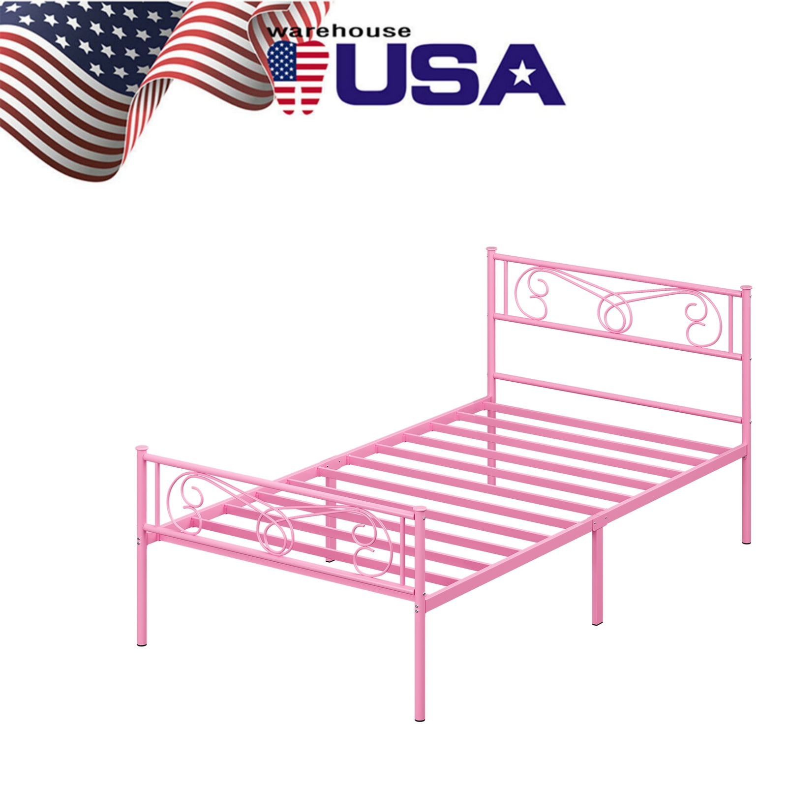 Pink Twin Bed Frame with Headboard and Footboard with Steel Slat ...