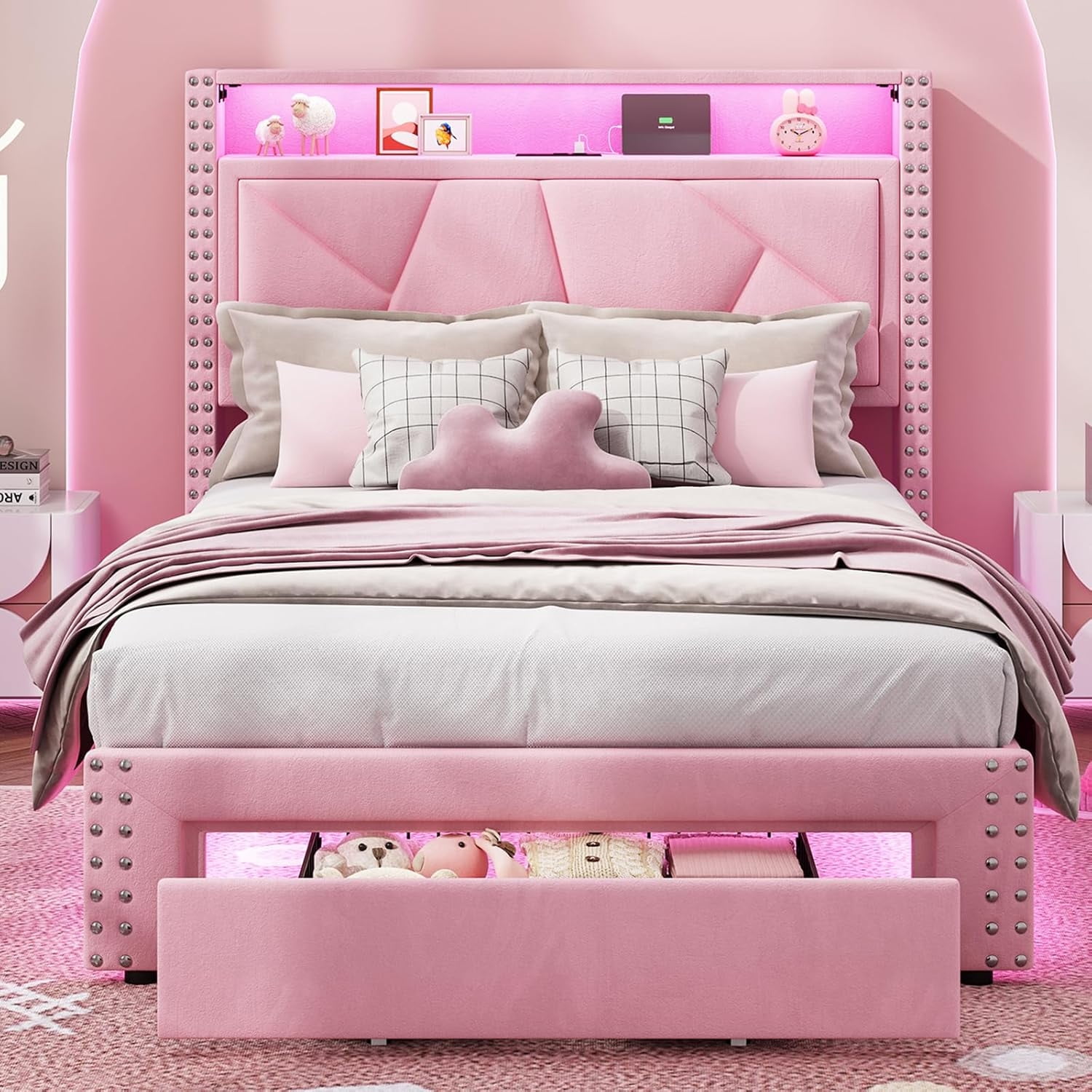 Pink Twin Beds with LED Light and Charging Port, Upholstered Platform ...