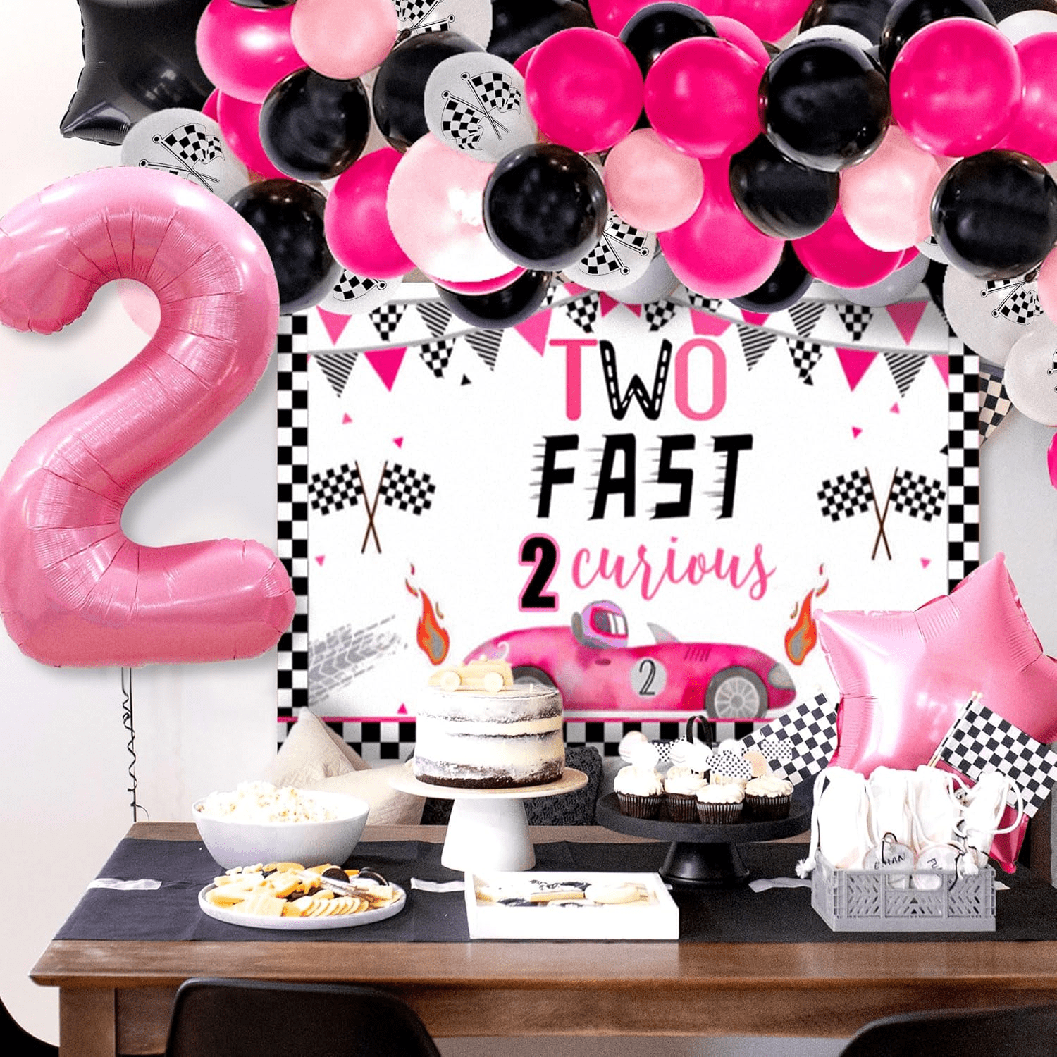 Pink Two Fast Curious Backdrop Decoration Birthday Banner Growing Up ...