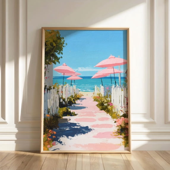 Pink Umbrella Coastal Beach Path Summer Vacation Wall Decor Romantic ...