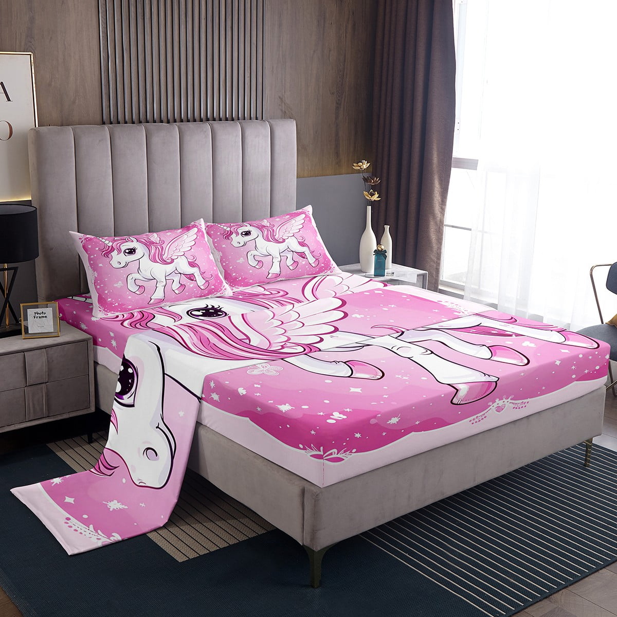 Pink Unicorn Bed Sheets Set Full Size Wings Sheet Set Kawaii Dreamy ...