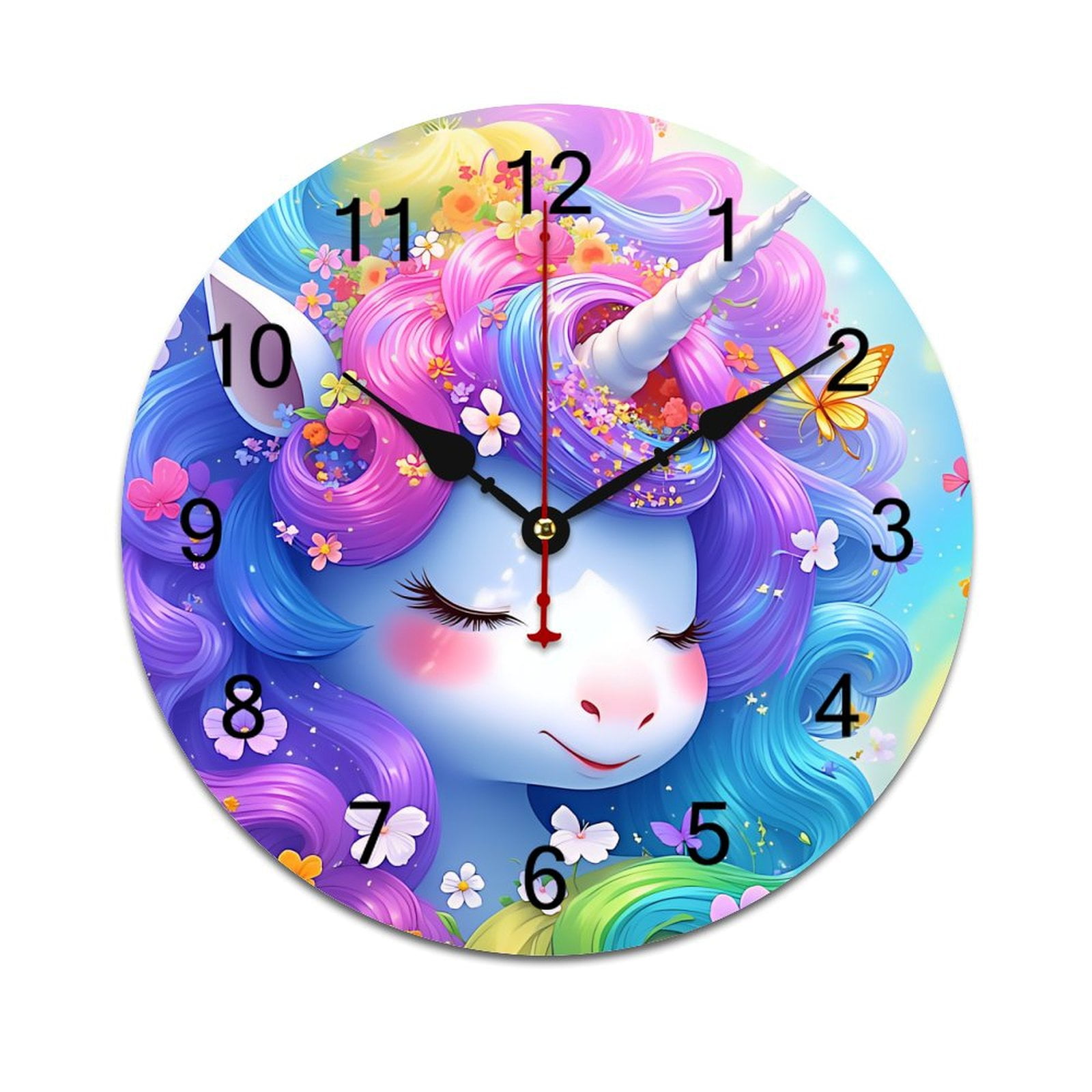 Pink Unicorn Colorful Sky Clouds Time Decorative Wall Clocks Round Large Wall Watch Bedroom Home ...