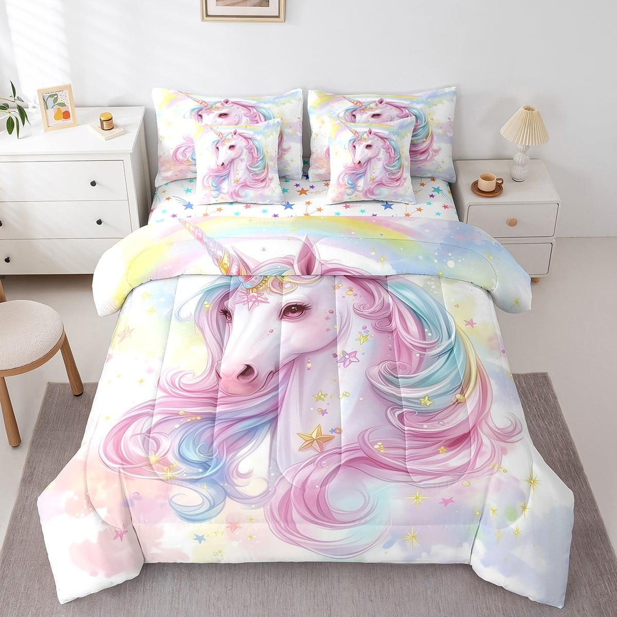 Pink Unicorn Full Bed in a Bag Rainbow Unicorn Bedding Sets 7 Piece ...