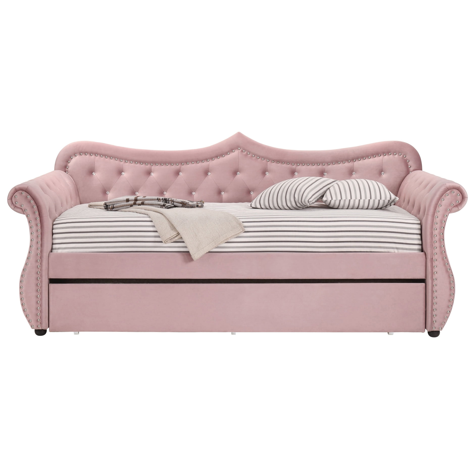 Pink Upholstered Daybed With Trundle For Bedroom, Modern Velvet ...