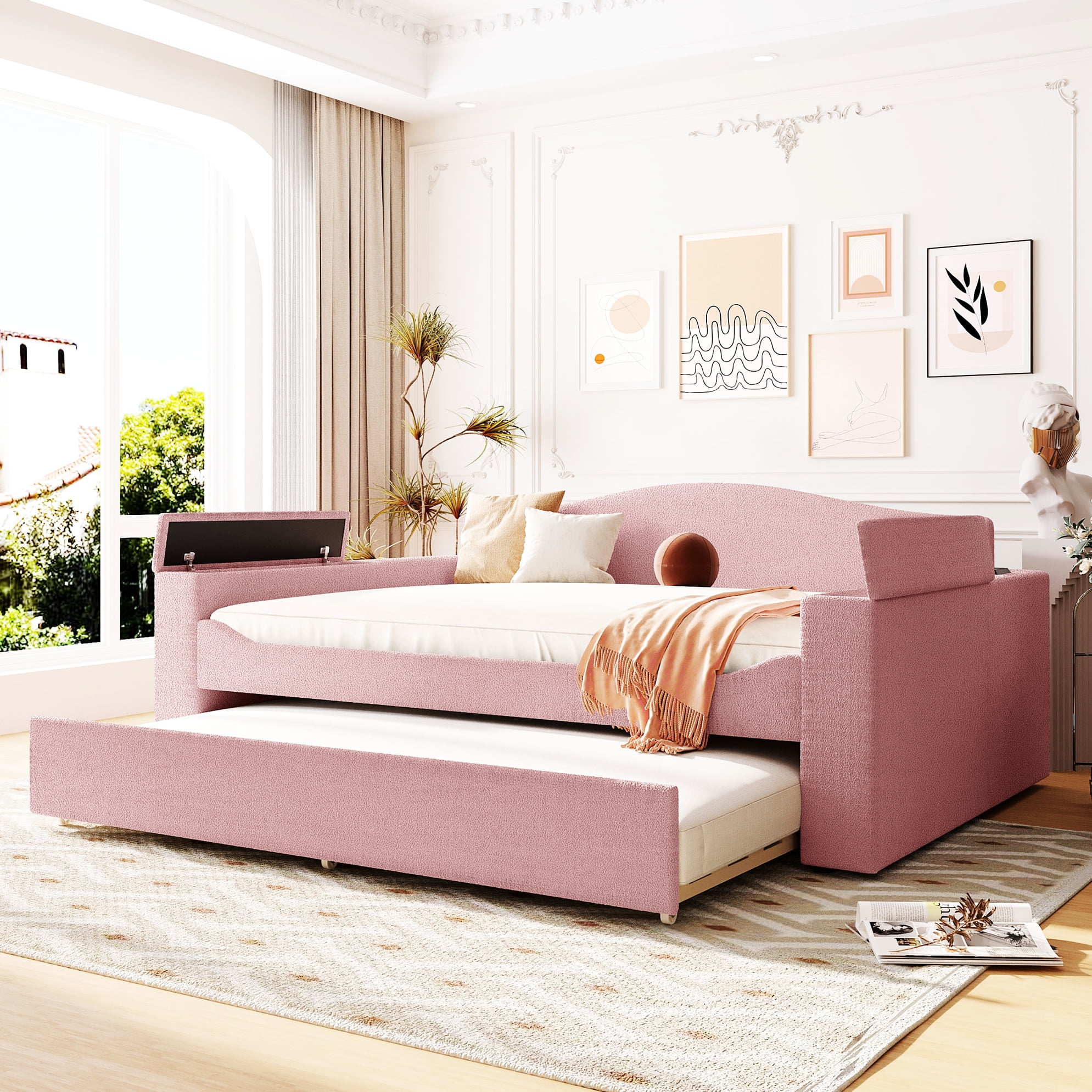 Pink Upholstered Daybed With Storage Compartments And Portable Trundle ...