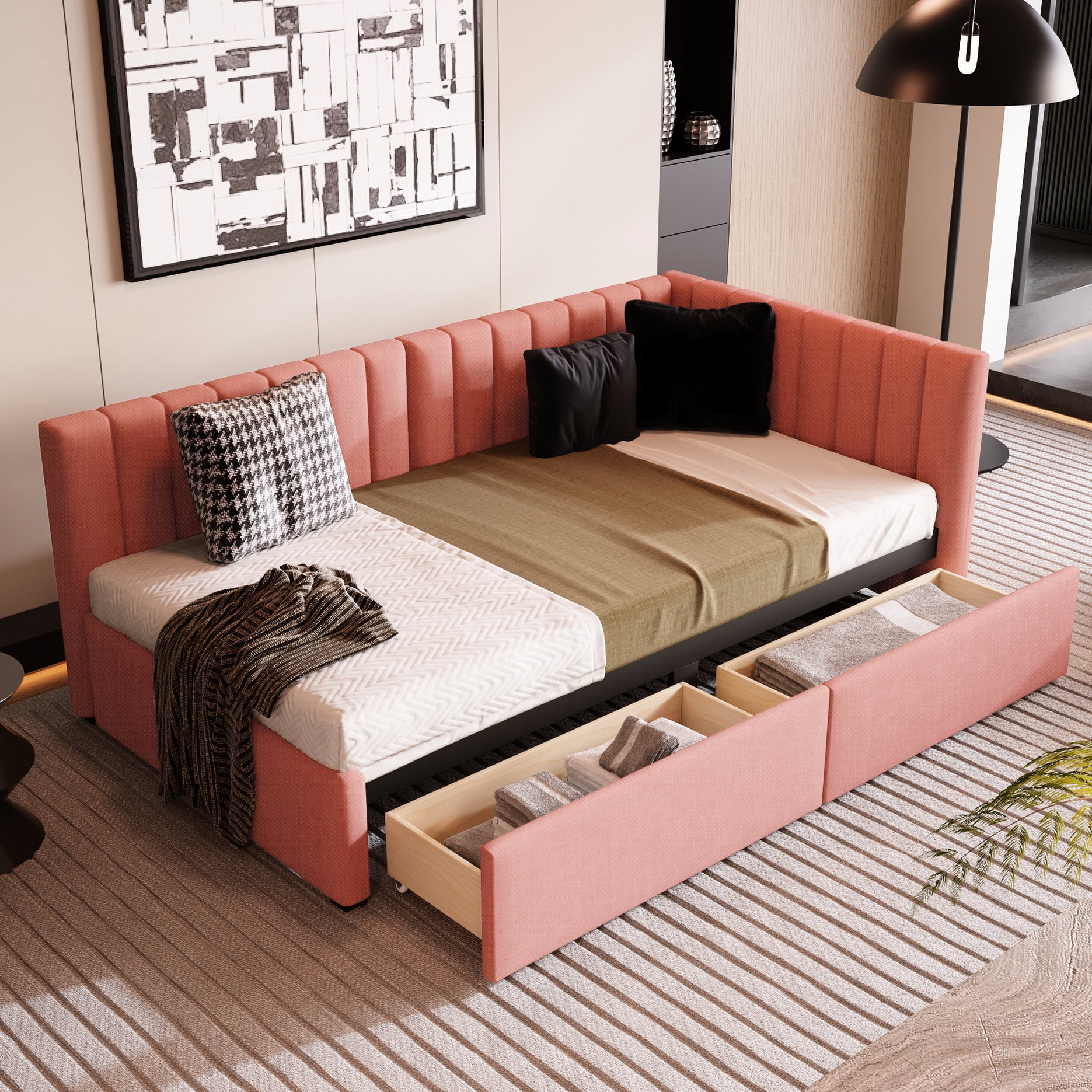 Pink Upholstered Twin Daybed with Storage / Sturdy Construction for ...