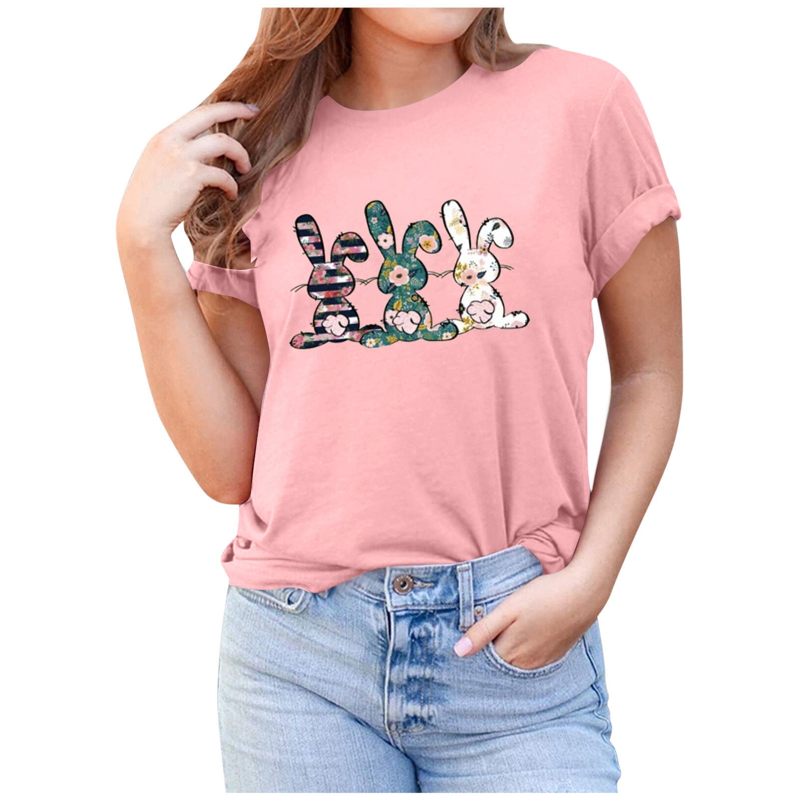 Pink Vacation Outfits for Women, Polyester Womens Tees Loose Fit, Short ...