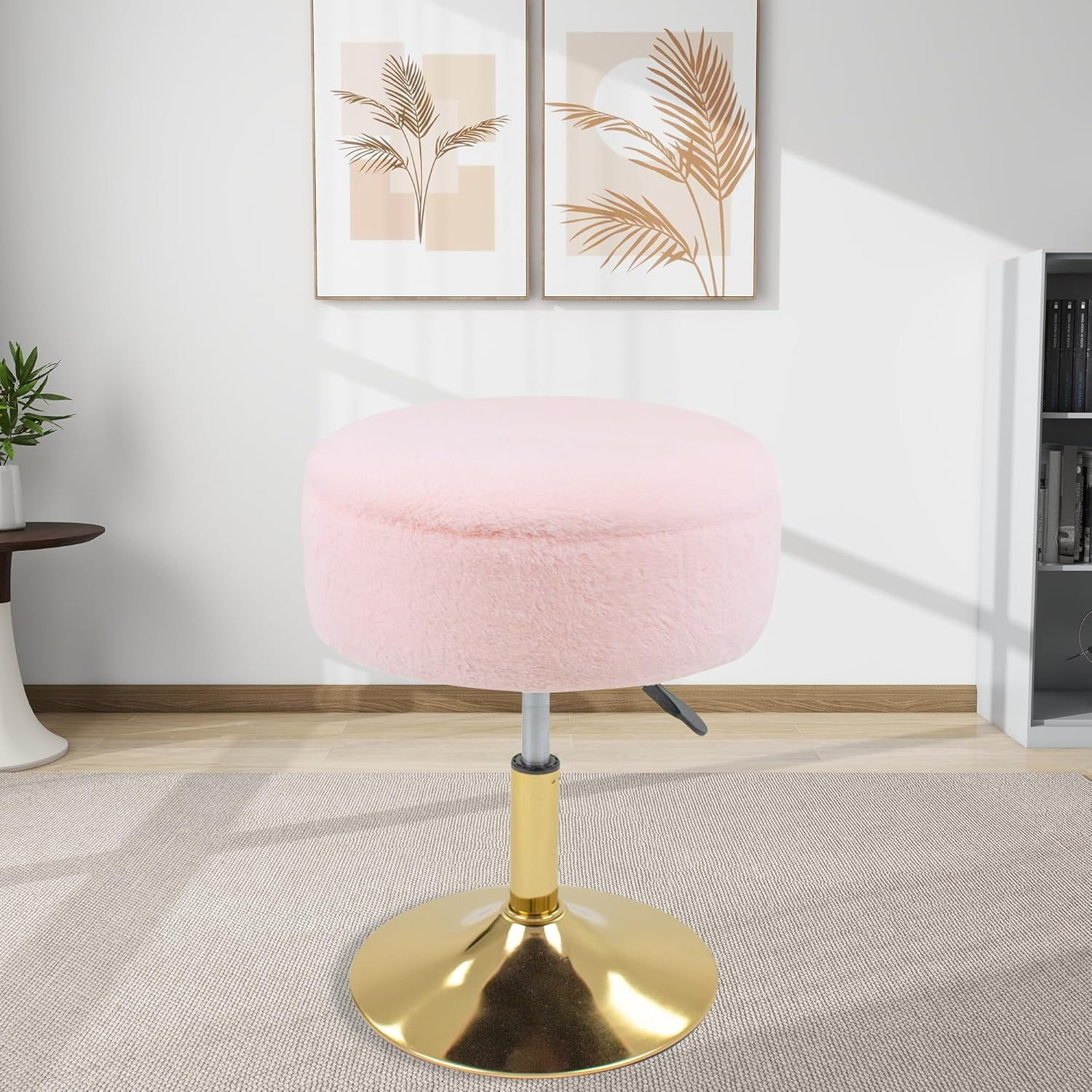 Pink Vanity Stool for Makeup Room, Faux Fur Vanity Chair Round Storage ...