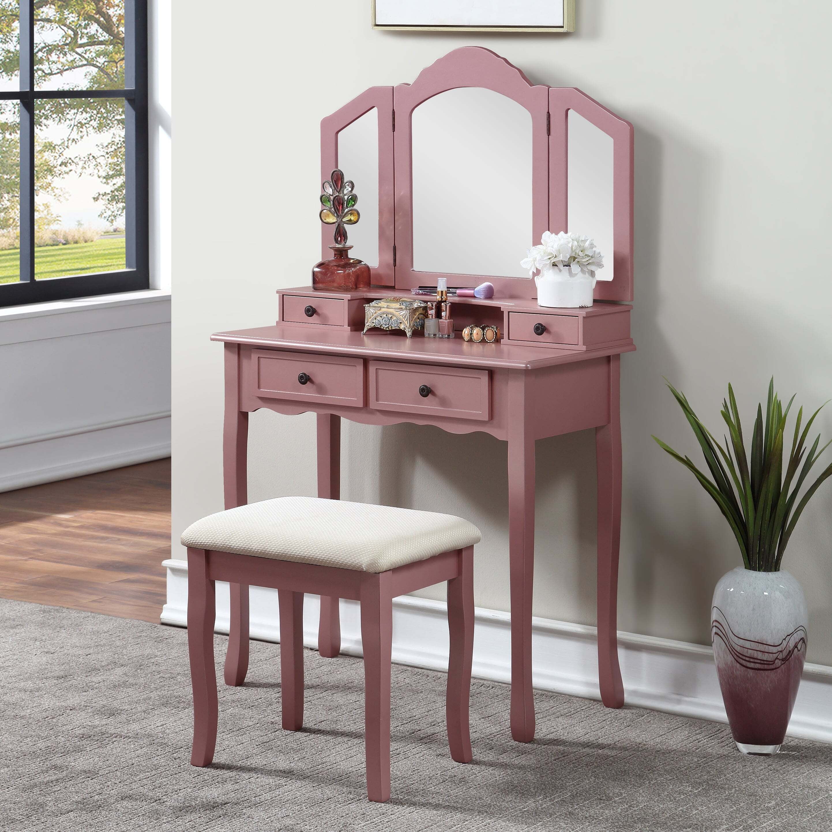 Pink Vanity Table and Stool Set, One PIX Makeup Vanity Table Dressing ...