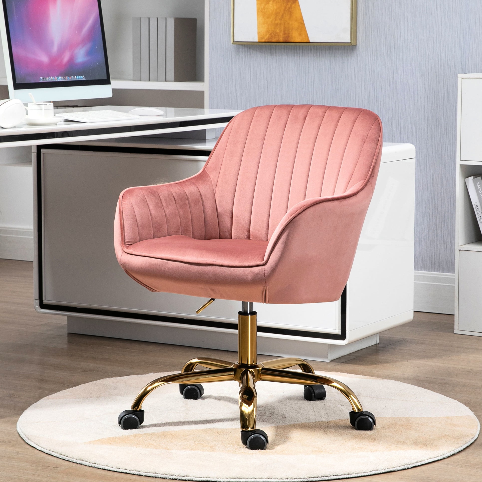Pink Velvet 360° Rotating Chair With Lofty Back. Adjustable, Golden ...