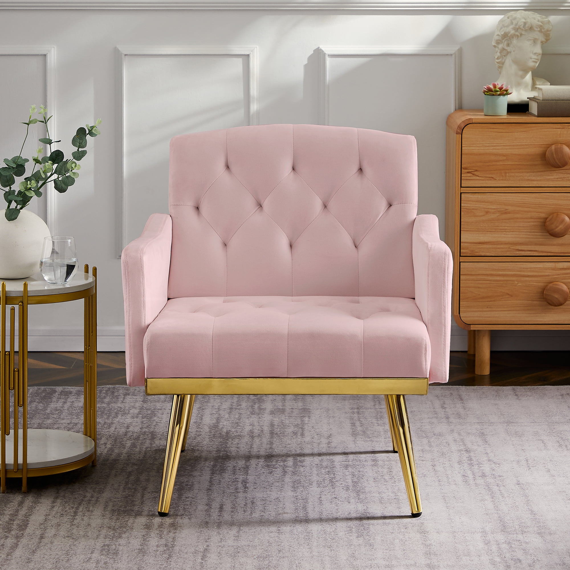 Pink Velvet Armchair with Gold Metal Legs - Modern Tufted Accent Chair ...