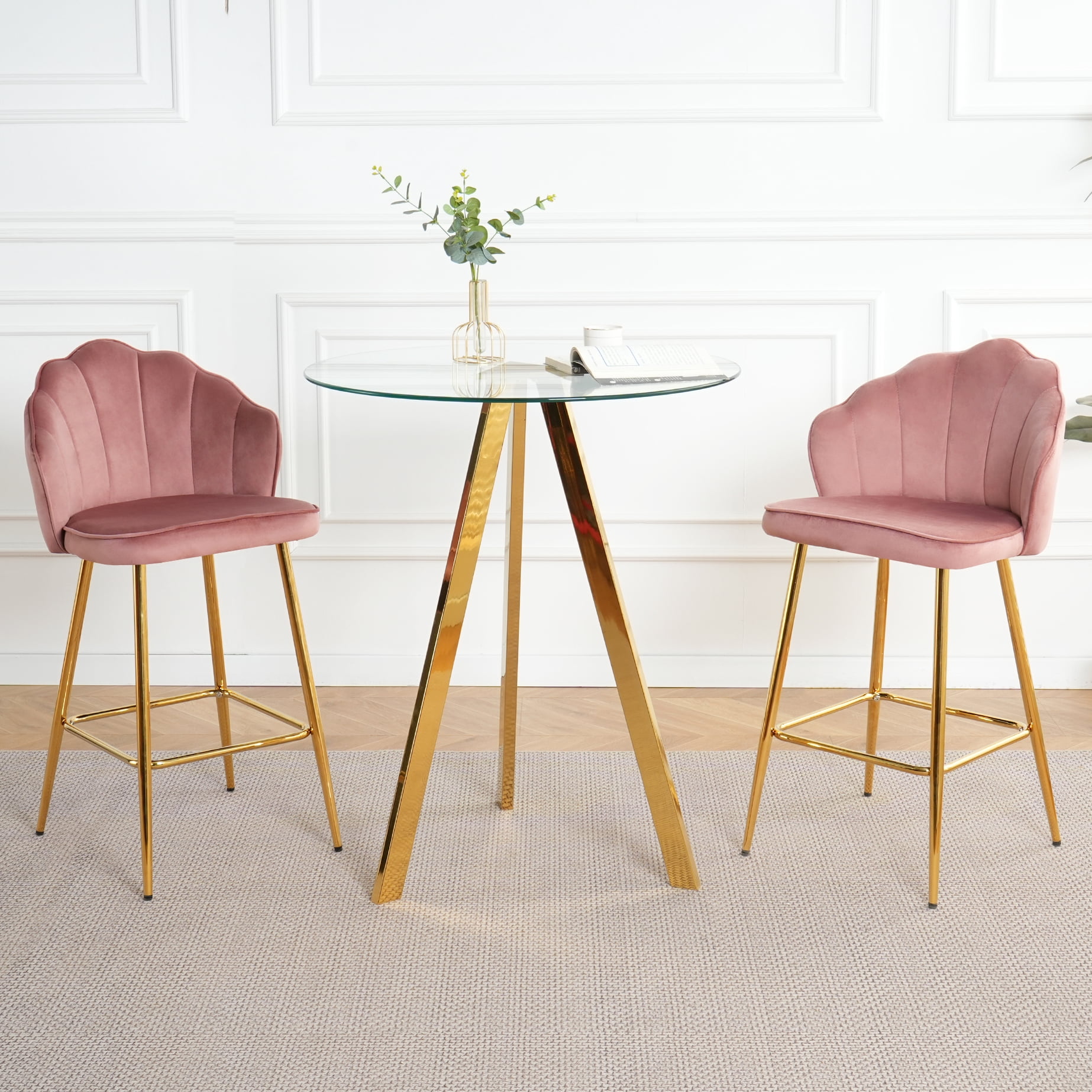 Pink Velvet Bar Chair With Gold- Legs And Glass Counter, Ergonomic ...