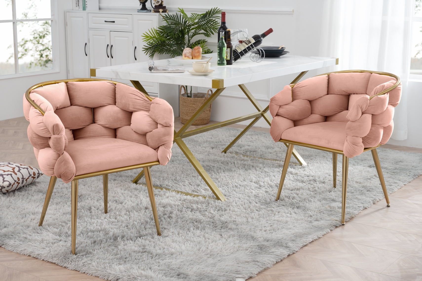 Pink Velvet Dining Chairs with Unique Knitting Process & Golden Legs ...