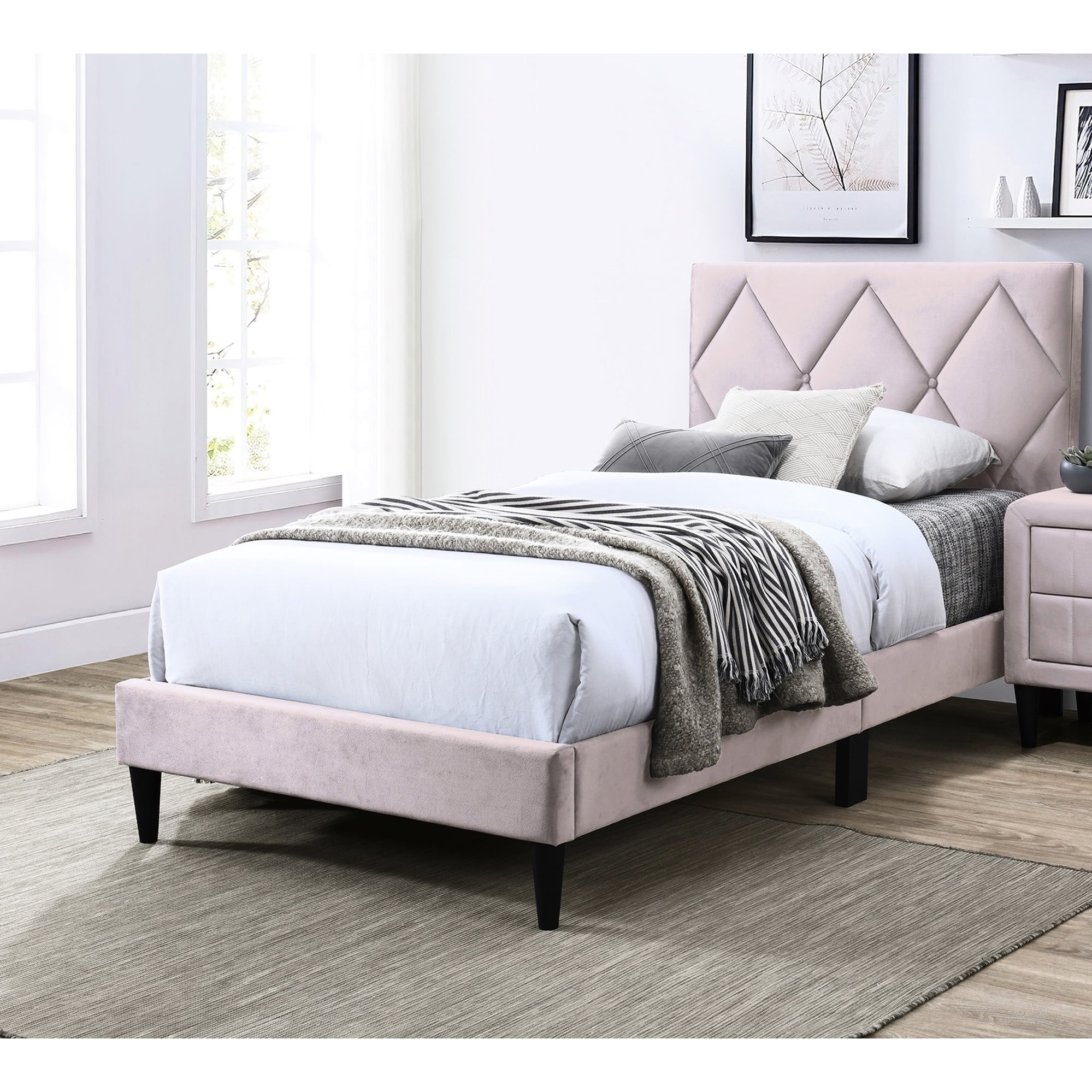 Pink Velvet Full Size Bed, Headboard, Stable And Supportive For Bedroom ...