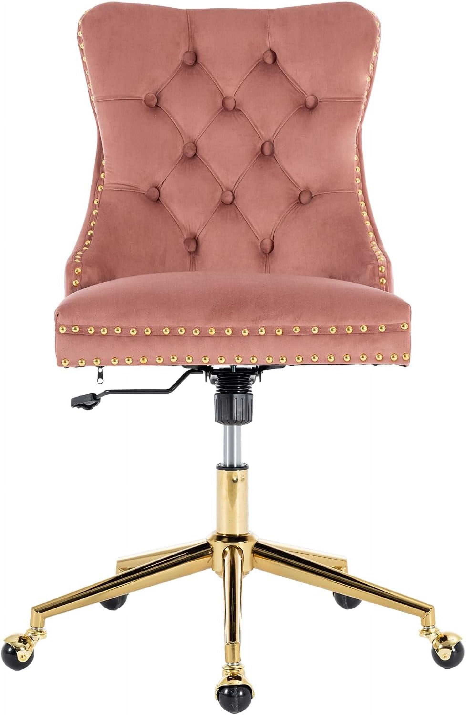 Pink Velvet Home Office Desk Chair with Wheels & Gold Base, Comfy ...