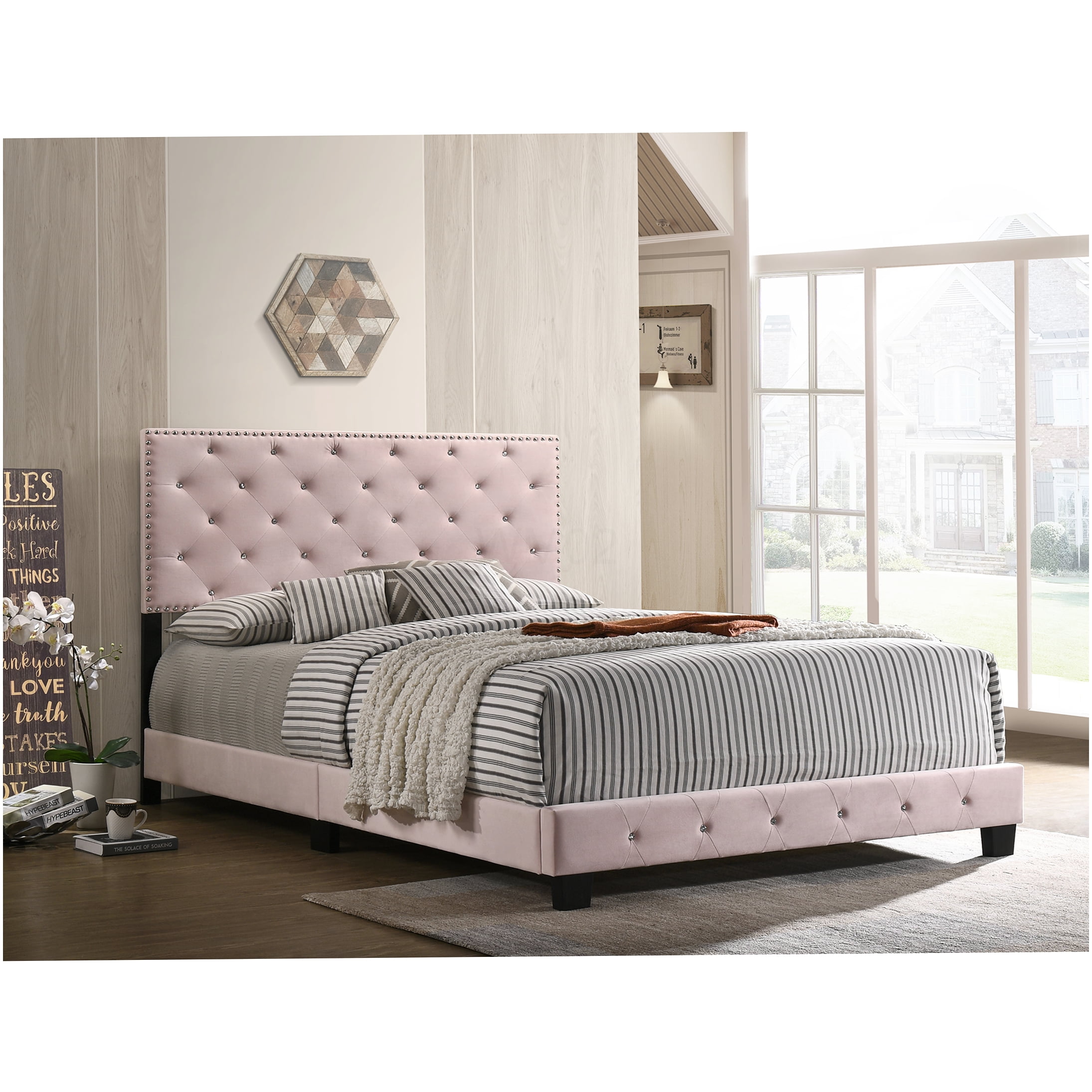 Pink Velvet King Bed Frame with Wingback Headboard, Upholstered Foam ...