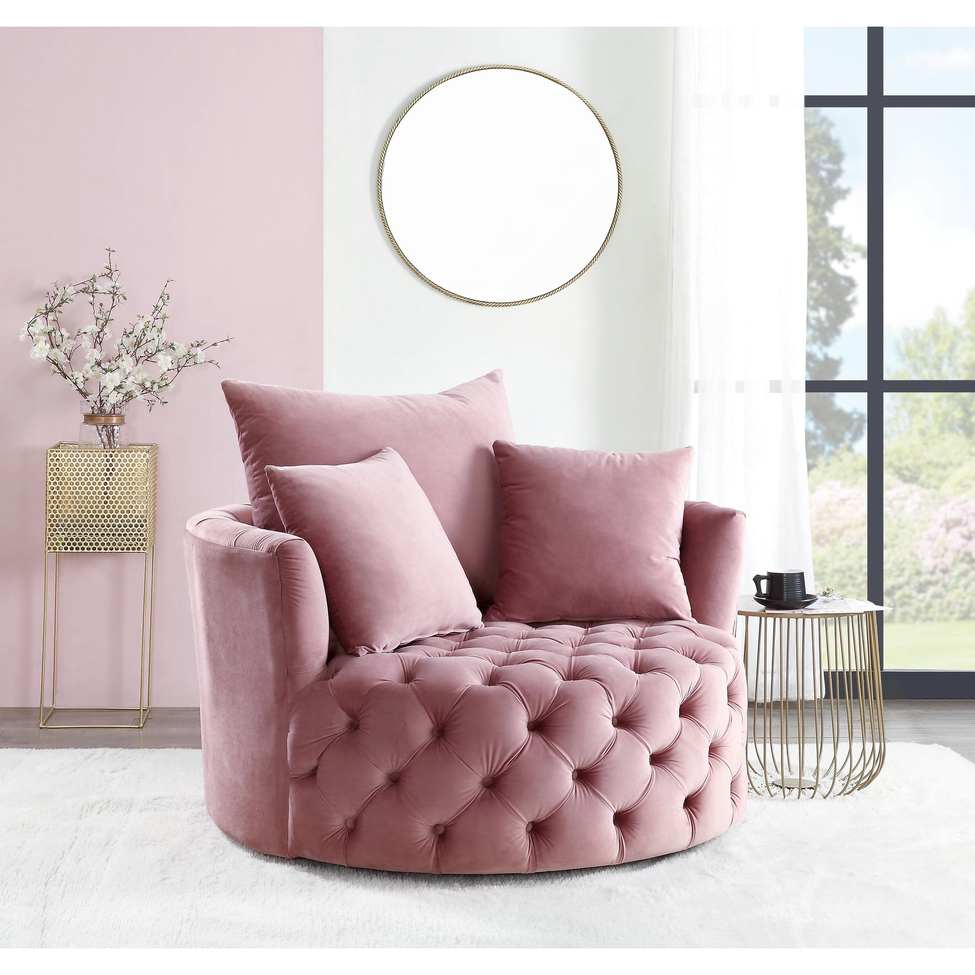 Pink Velvet Rotating Accent Chair - Supportive Cushions And Elegant ...