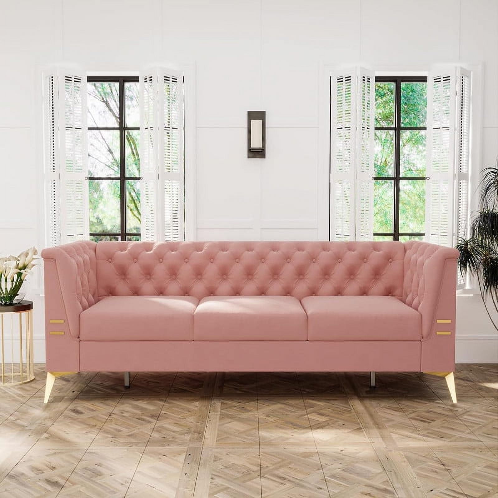 Pink Velvet Sofa Couch, 83" Modern Button-Tufted Sofa with 2 Pillows ...