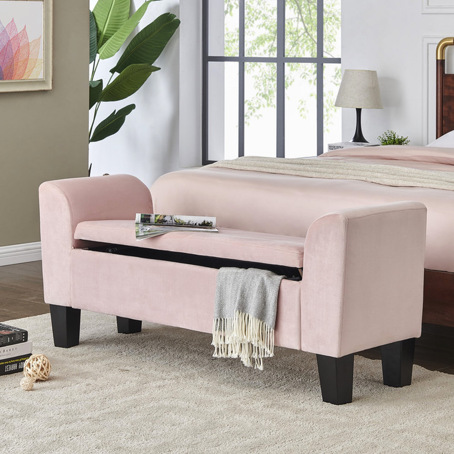 Pink Velvet Storage Bench 55" Model - Solid Wood Legs And Foam Seat Pad ...