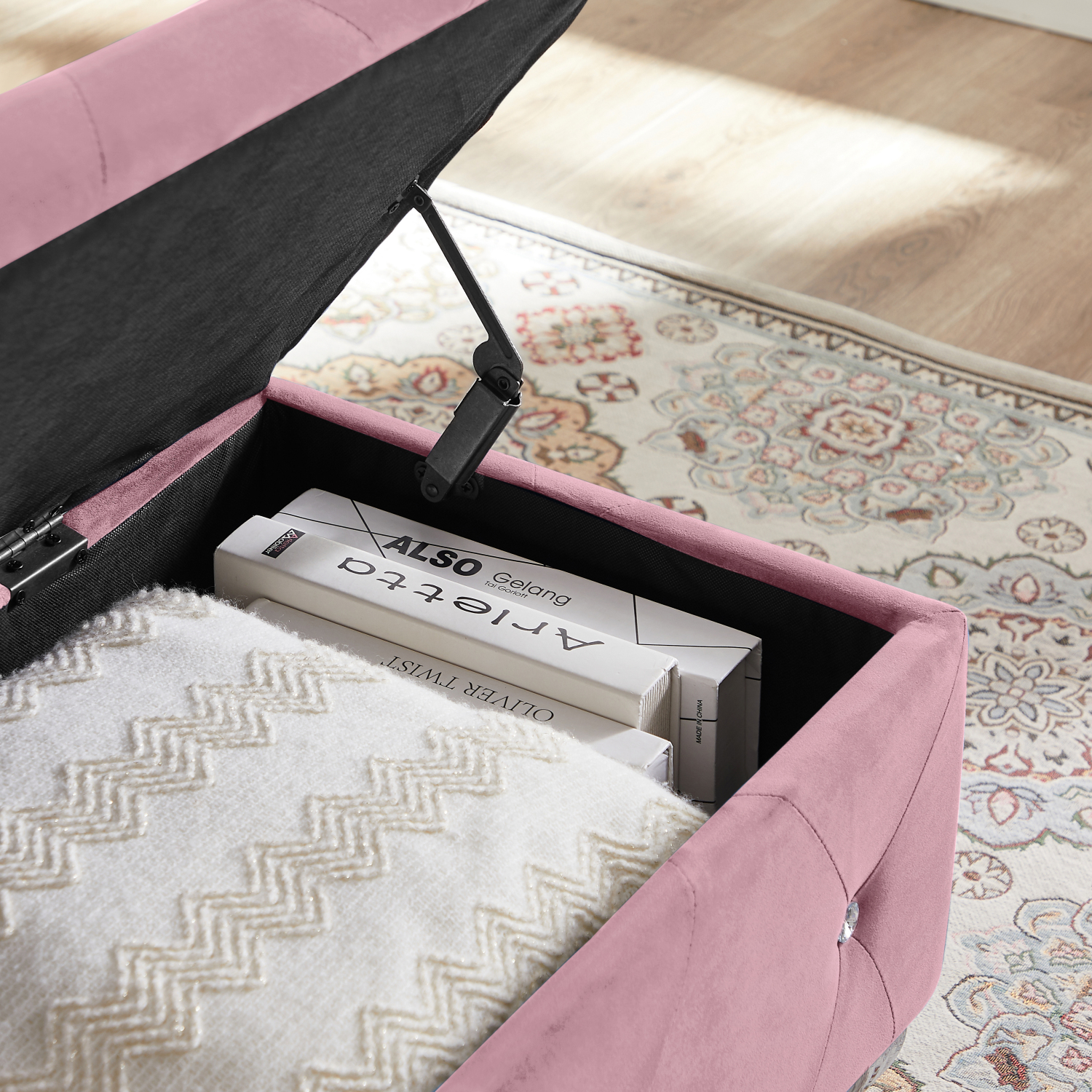 Pink Velvet Storage Bench with Flip Top Entryway Seat and Safety Hinge ...