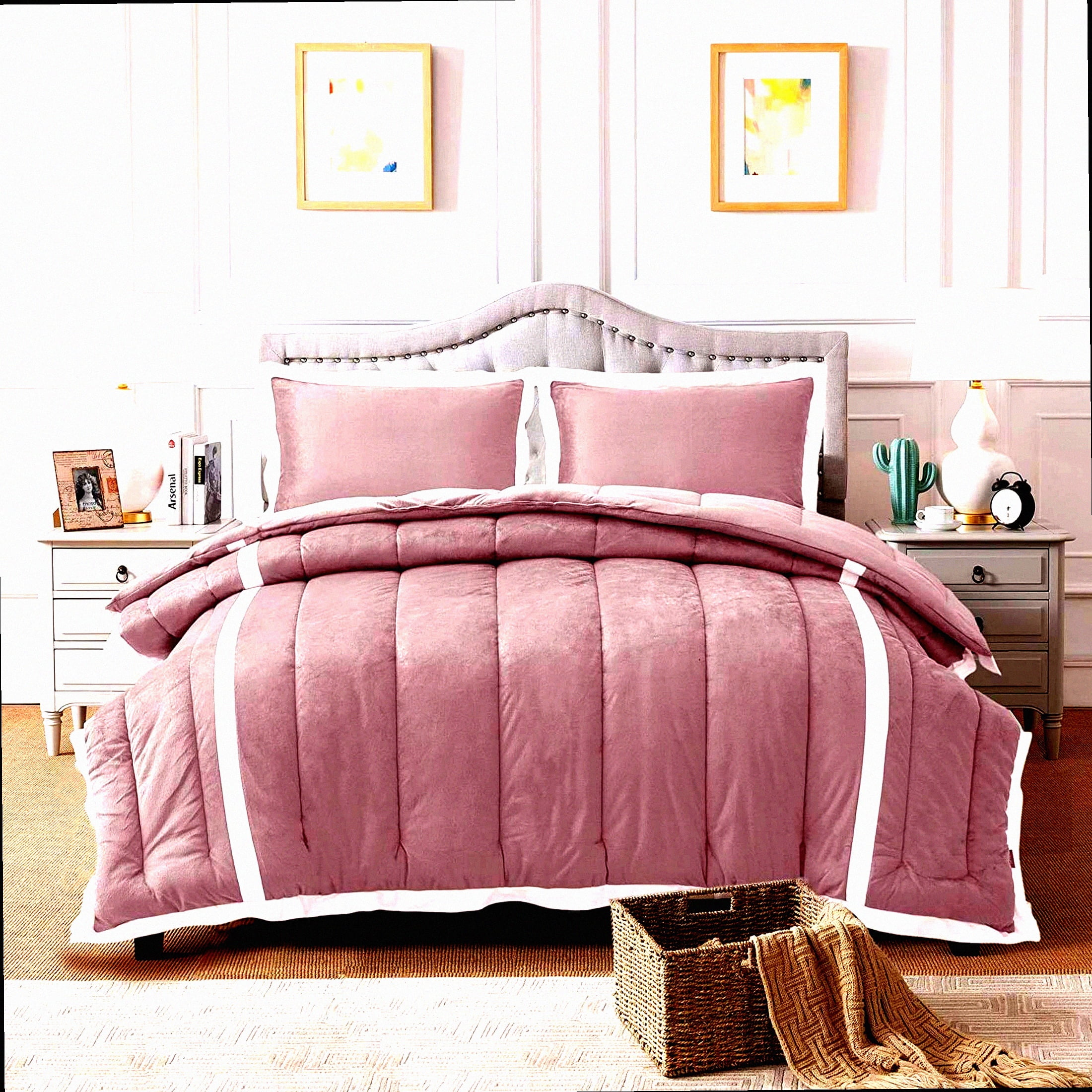 Pink Velvet Stripe Comforter Set - Luxe Micromink Down Bedding, Soft ...