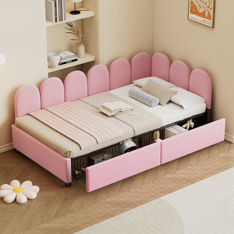 Pink Velvet Twin Upholstered Daybed with 2 Drawers, Soft Fabric Headboard, No Box Spring Needed ...