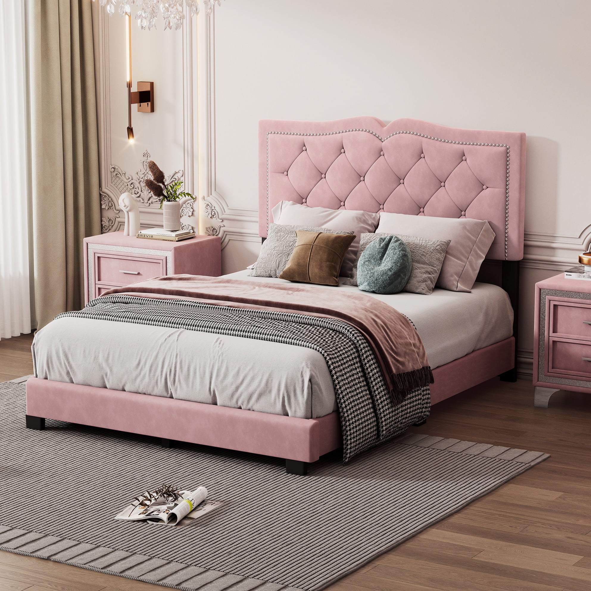 Pink Velvet Upholstered Platform Bed With Headboard And Attractive ...