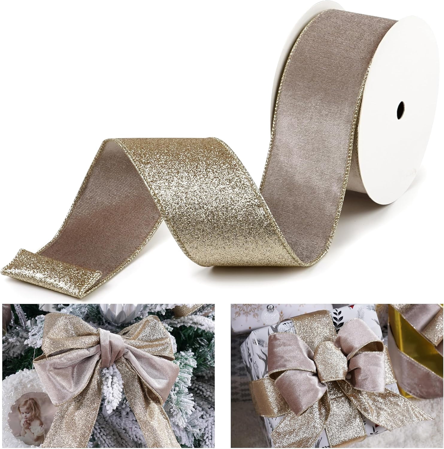 Pink Velvet Wired Ribbon With Glitter Back 2.5 Inch Gold Christmas ...
