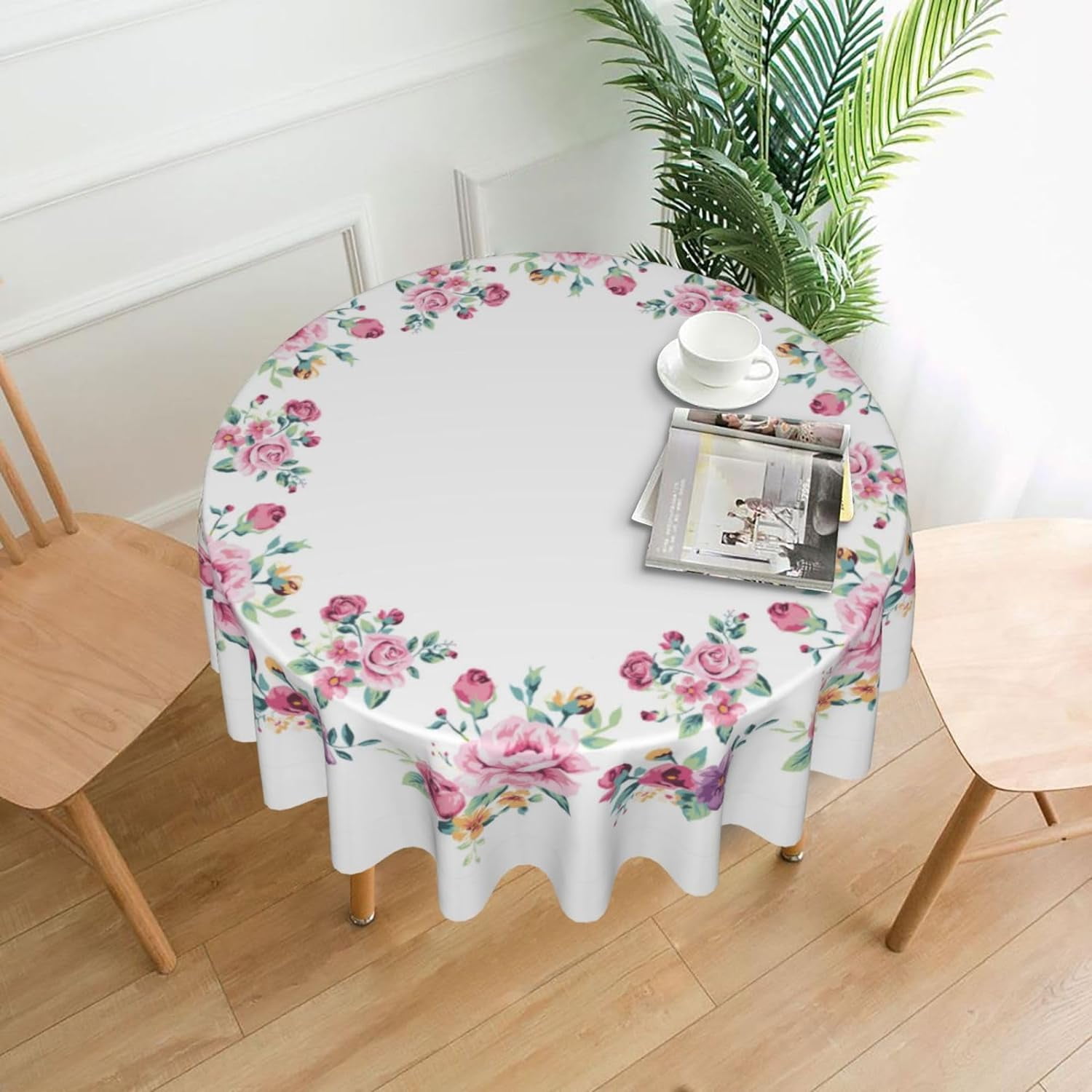 Pink Vintage Flower Round Tablecloth 60 Inch, Waterproof Stain ...