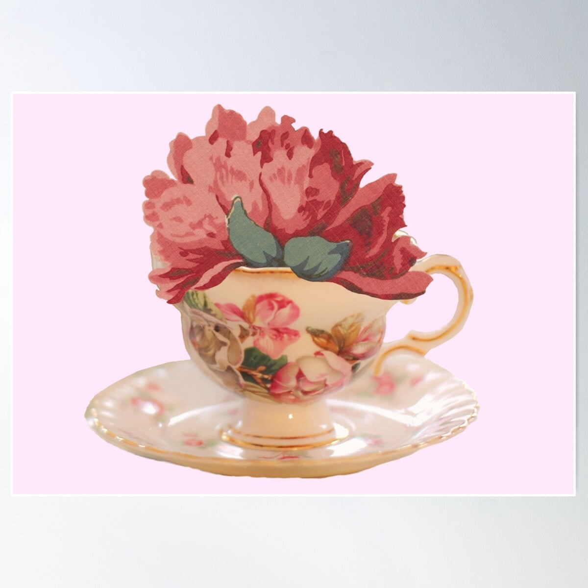 Pink Vintage Flower Teacup Poster Wall Art, Modern Wall Decor For ...