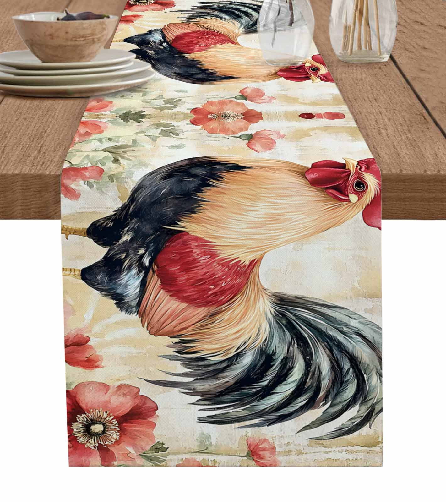 Pink Vintage Rooster Table Runner 72 Inches, Farmhouse Spring Floral ...