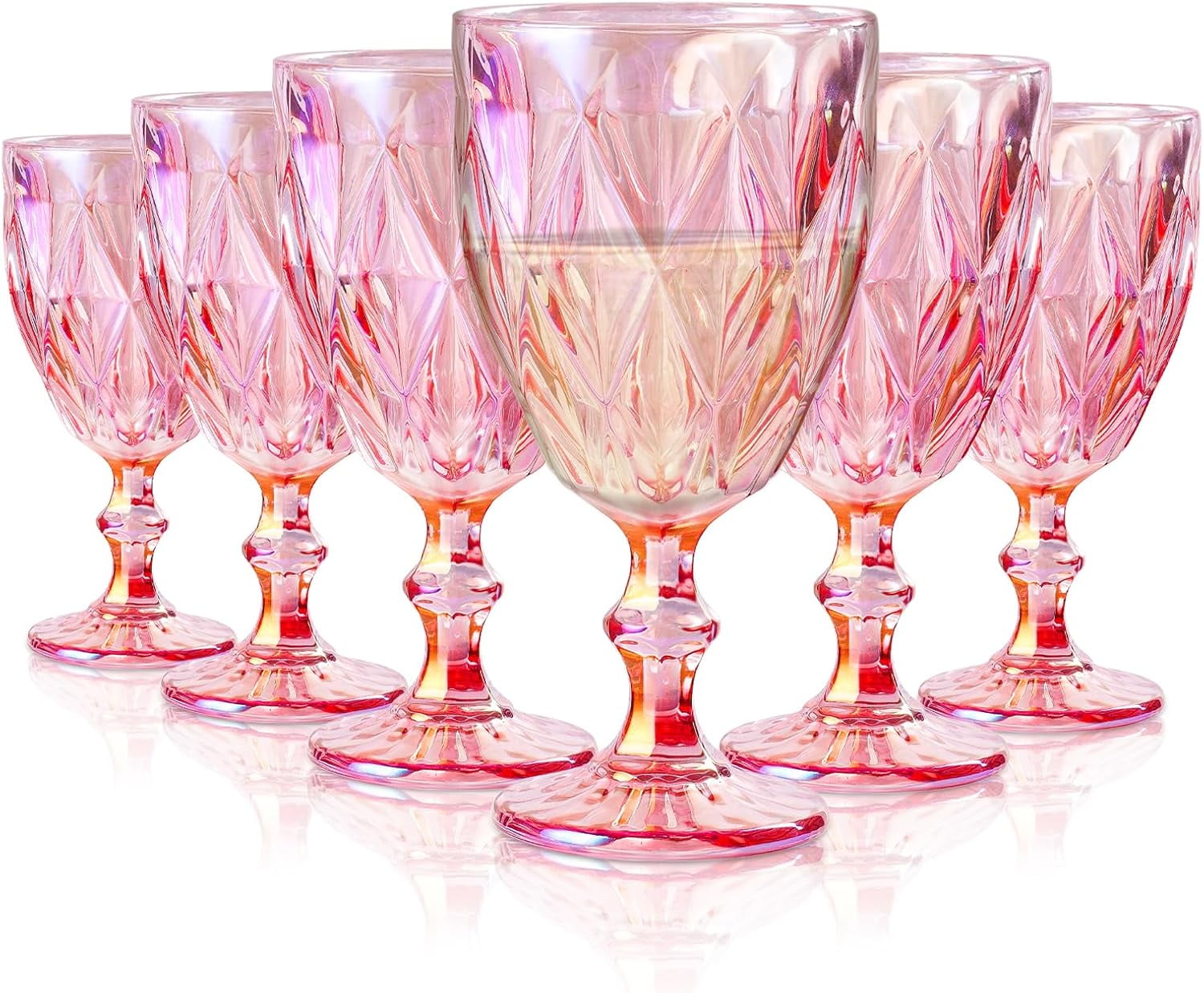 Pink Vintage goblets Glasses Set of 6, 10oz Embossed Rhombus Wine ...