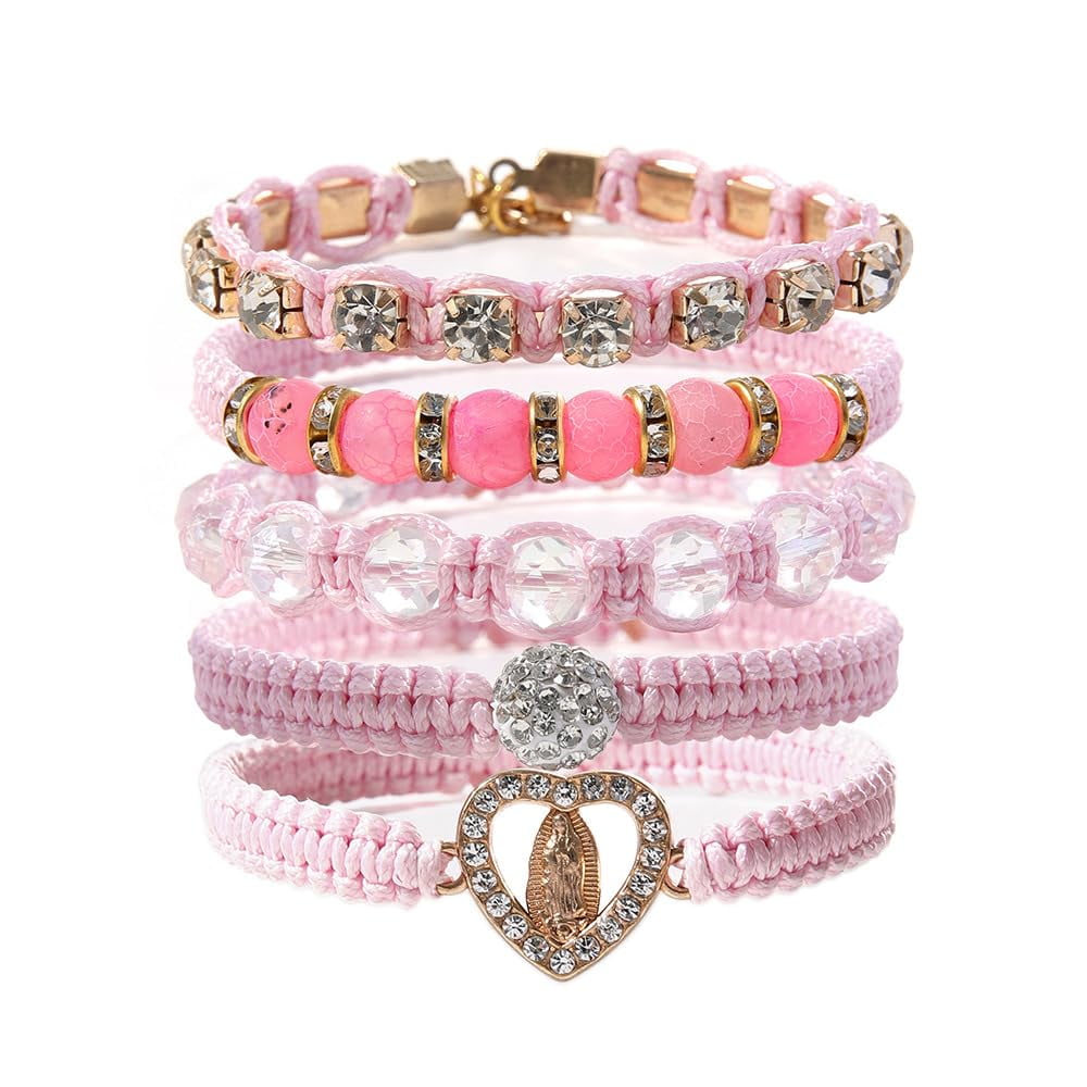 Pink Virgin Mary String Bracelet Set Handmade Mexican Tennis Crystal ...