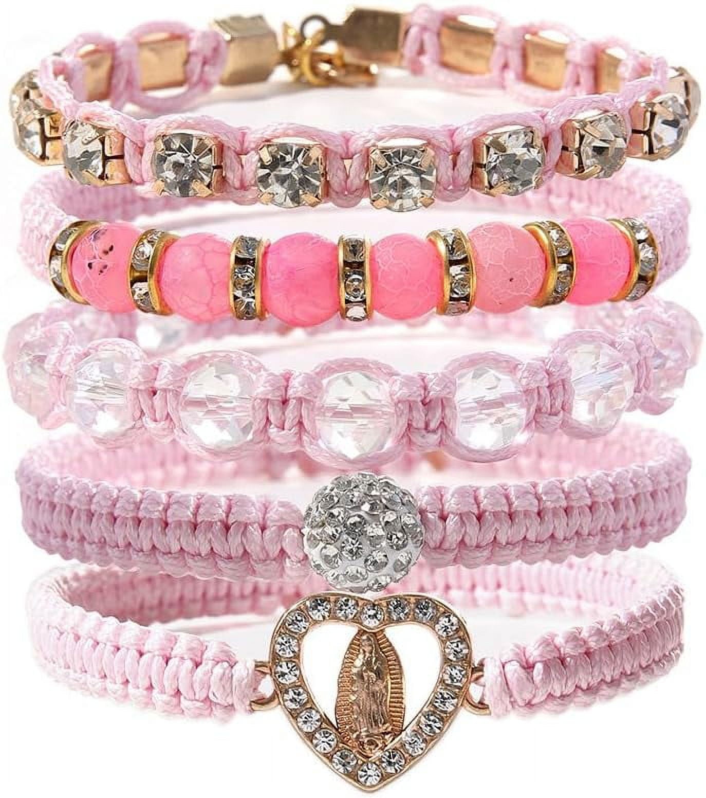 Pink Virgin Mary String Bracelet Set Handmade Mexican Tennis Crystal ...