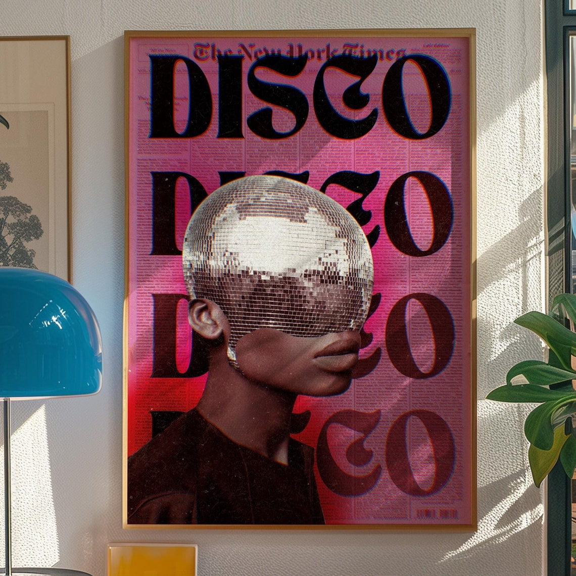 Pink Wall Art, Disco Ball Print, Psychedelic Art, Vintage Poster ...