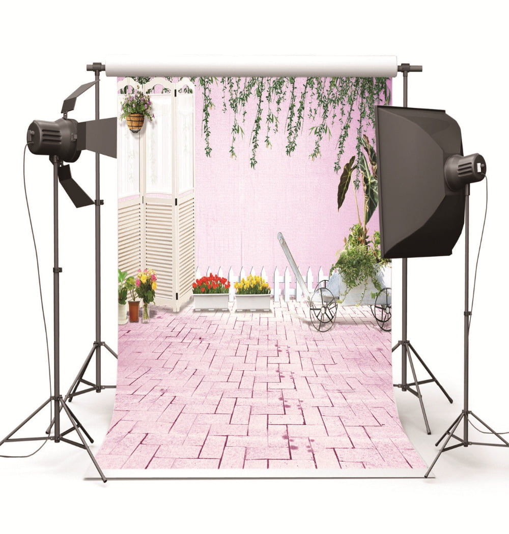 Pink Wall Brick Floor Tree Flowers Customized Vinyl Cloth Photography ...